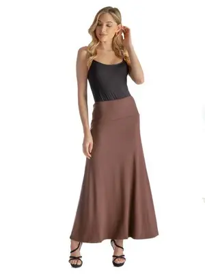 24SEVEN COMFORT APPAREL Petite Elastic Waist Maxi Skirt - Brown