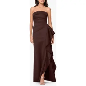 XSCAPE EVENINGS Strapless Ruffle Scuba Crepe Gown - Brown