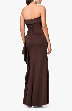 XSCAPE EVENINGS Strapless Ruffle Scuba Crepe Gown - Brown