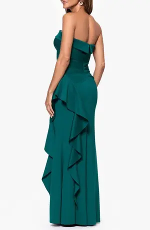 XSCAPE EVENINGS Strapless Ruffle Scuba Crepe Gown - Hunter