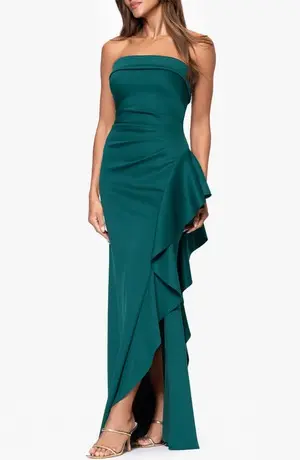 XSCAPE EVENINGS Strapless Ruffle Scuba Crepe Gown - Hunter