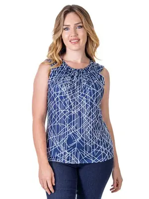24SEVEN COMFORT APPAREL Printed Pleated Crewneck Top - Blue Multi