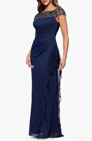 XSCAPE EVENINGS Embellished Illusion Yoke Column Gown