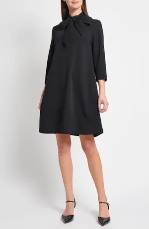Ming Wang Stretch Deco Crepe Tie-neck Tent Dress - Black