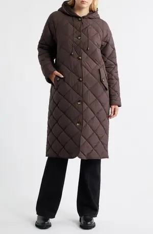 Bernardo Quilted Longline Hooded Jacket - Brown