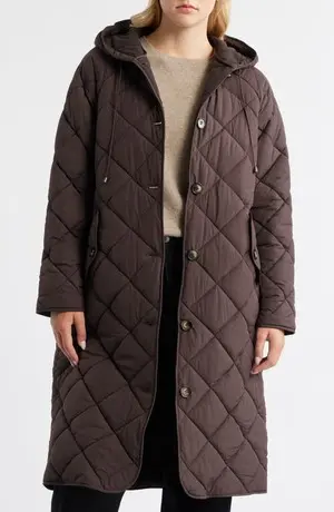 Bernardo Quilted Longline Hooded Jacket - Brown