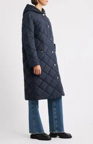 Bernardo Quilted Longline Hooded Jacket - Navy