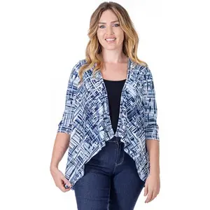 24SEVEN COMFORT APPAREL Petites Printed Elbow Length Sleeve Open Cardigan - Blue Multi