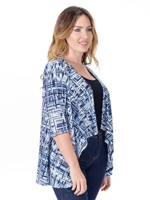 24SEVEN COMFORT APPAREL Petites Printed Elbow Length Sleeve Open Cardigan - Blue Multi