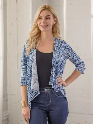 24SEVEN COMFORT APPAREL Petites Printed Elbow Length Sleeve Open Cardigan - Blue Multi