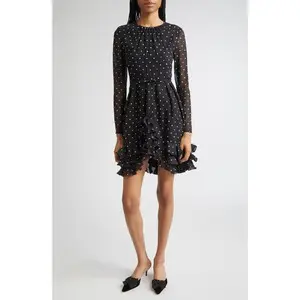 Giambattista Valli Polka Dot Ruffle Hem Long Sleeve Silk Dress