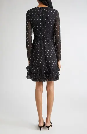 Giambattista Valli Polka Dot Ruffle Hem Long Sleeve Silk Dress