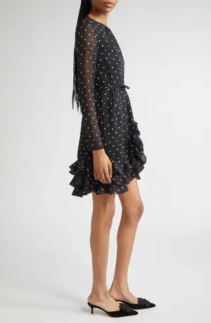 Giambattista Valli Polka Dot Ruffle Hem Long Sleeve Silk Dress