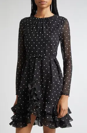 Giambattista Valli Polka Dot Ruffle Hem Long Sleeve Silk Dress