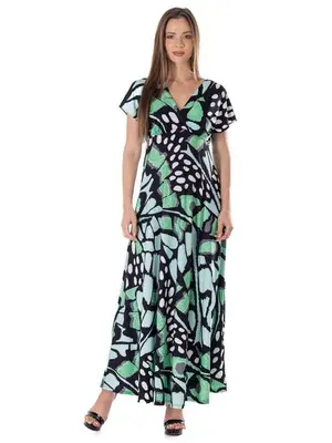 24SEVEN COMFORT APPAREL Oversized Butterfly Print Maxi Dress - Green Multi