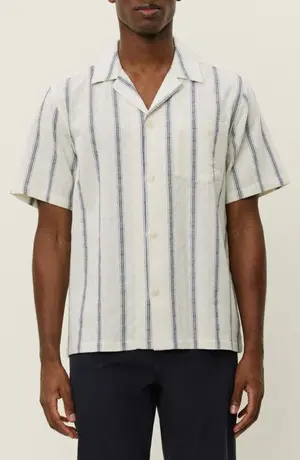 LES DEUX Lukas Textured Stripe Cotton Camp Shirt - Light Ivory