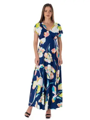 24SEVEN COMFORT APPAREL Floral Print V-neck Empire Waist Maxi Dress - Navy Multi