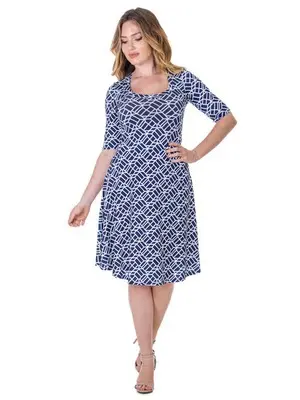 24SEVEN COMFORT APPAREL Geometric Print Knee Length Dress - Navy Multi