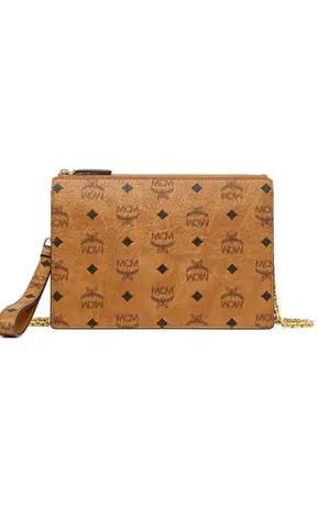 Mcm Wristlet Standing Pouch With Chain Strap Brown
