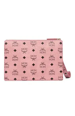 Mcm Wristlet Standing Pouch With Chain Strap - Pink