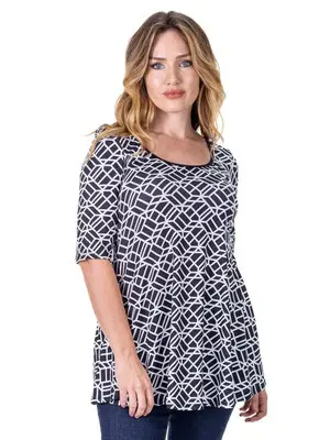 24SEVEN COMFORT APPAREL Geometric Print Elbow Sleeve Tunic Top - Black Multi