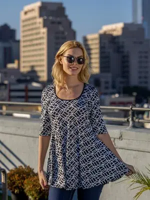24SEVEN COMFORT APPAREL Geometric Print Elbow Sleeve Tunic Top - Black Multi