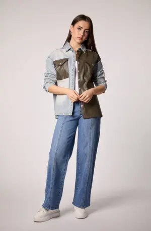 BLUE REVIVAL Denim And Faux Leather Shacket - Ora/olive