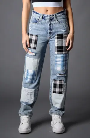 BLUE REVIVAL Plaid Patchwork Straight Leg Jeans - Ibiza Patchwork