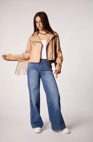 BLUE REVIVAL Fringe Trim Vegan Leather Jacket - Sand Dune