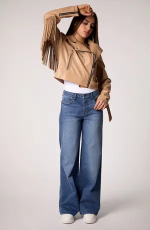 BLUE REVIVAL Fringe Trim Vegan Leather Jacket - Sand Dune