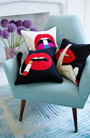 Jonathan Adler Lips Needlepoint Throw Pillow - Lips Smolder