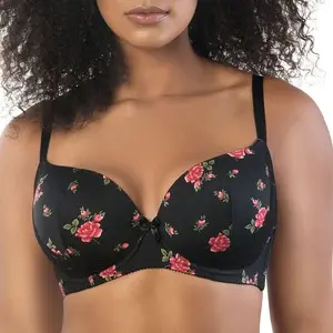 Parfait Casey Plunge Molded T-shirt Bra - Black W/rose Print