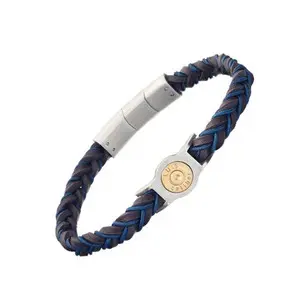 LINK UP Braided Leather Bracelet With Stainless Steel Detail - Blue