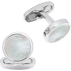 LINK UP Round Mother Of Pearl Cufflinks In Silver Tone Setting - White