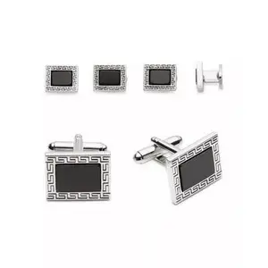 LINK UP Greek Key Stud & Cufflinks Set With Enamel - Black