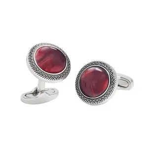 LINK UP Gemstone Round Cufflinks With Antique Silver Braided Border - Burgundy