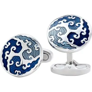 LINK UP Round Cufflinks With Enamel Wave Overlay - Blue