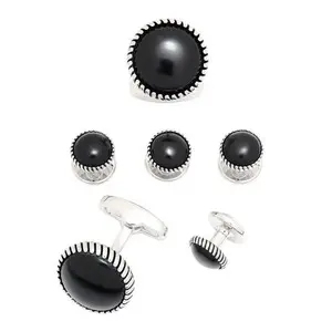 LINK UP Classic Round Gemstone Cufflinks And Tuxedo Studs With Textured Border - Black
