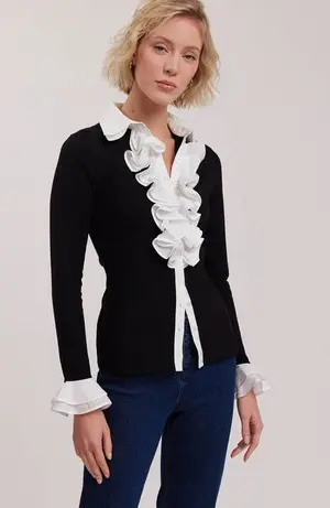Anne Fontaine Long Sleeve Jersey Shirt With Ruffle Placket