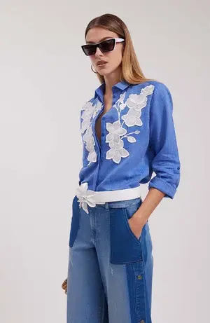 Anne Fontaine Linen Shirt With Floral Appliqu