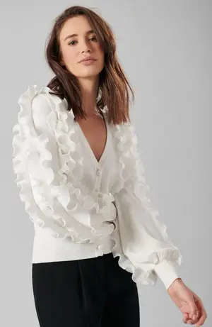 Anne Fontaine Ciline Long Sleeve Ruffle Cardigan - White