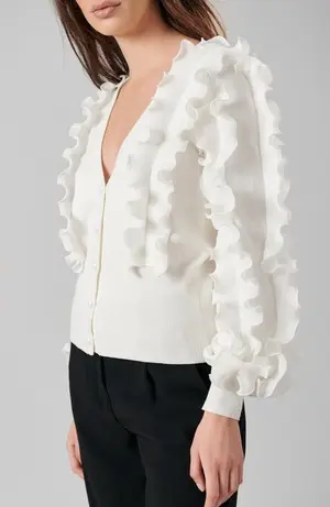 Anne Fontaine Ciline Long Sleeve Ruffle Cardigan - White