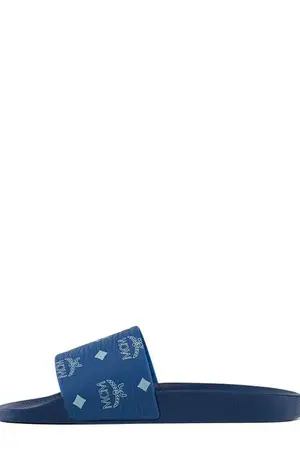 Mcm Monogram Print Rubber Slides - Blue