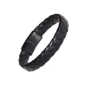 LINK UP Braided Leather Bracelet With Stainless Steel Magnetic Closure - Black