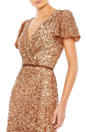 Mac Duggal Sequined Butterfly Sleeve Gown - Copper