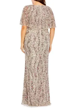 Mac Duggal High Neck Column Gown With Cape - Grey Multi
