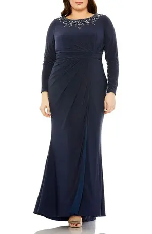 Mac Duggal Long Sleeve Embellished Neckline Jersey Gown