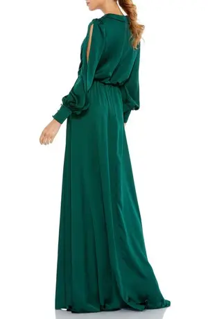 Mac Duggal Satin Maxi Gown With Split Sleeves