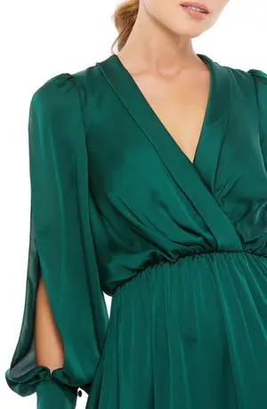 Mac Duggal Satin Maxi Gown With Split Sleeves