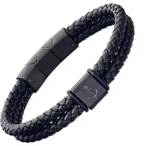 LINK UP Braided Leather Bracelet With Stainless Steel Anchor - Black